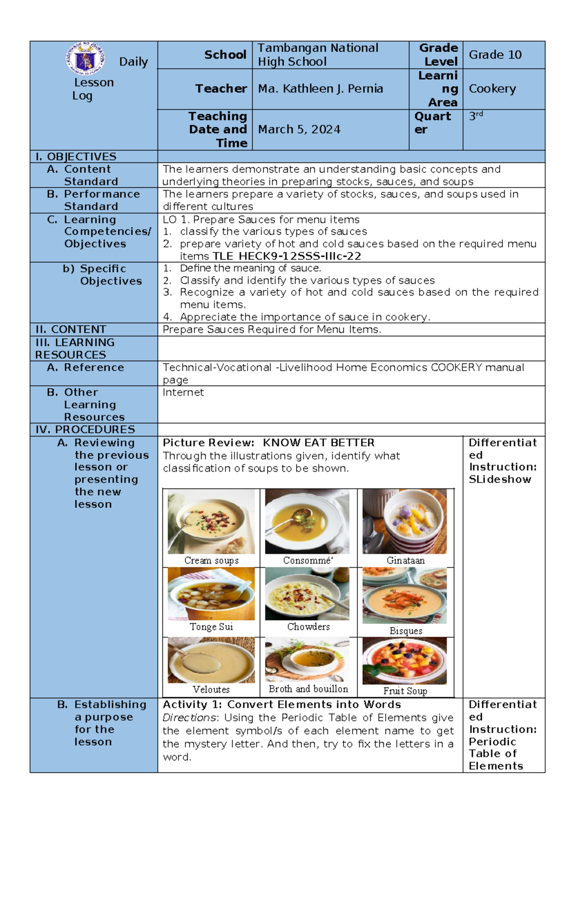 Cookery 1 - Sauces Cotkath - Daily Lesson Log School Tambangan National ...