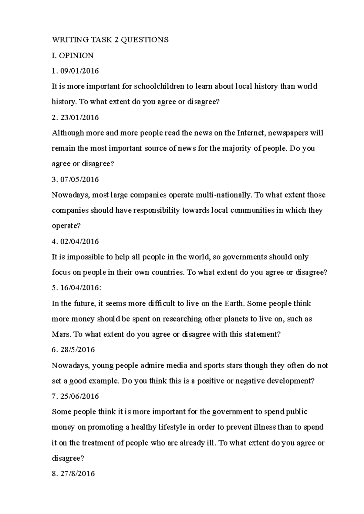 Writing Task 2 - Opinion Questions (2016-2021) Insights - Studocu