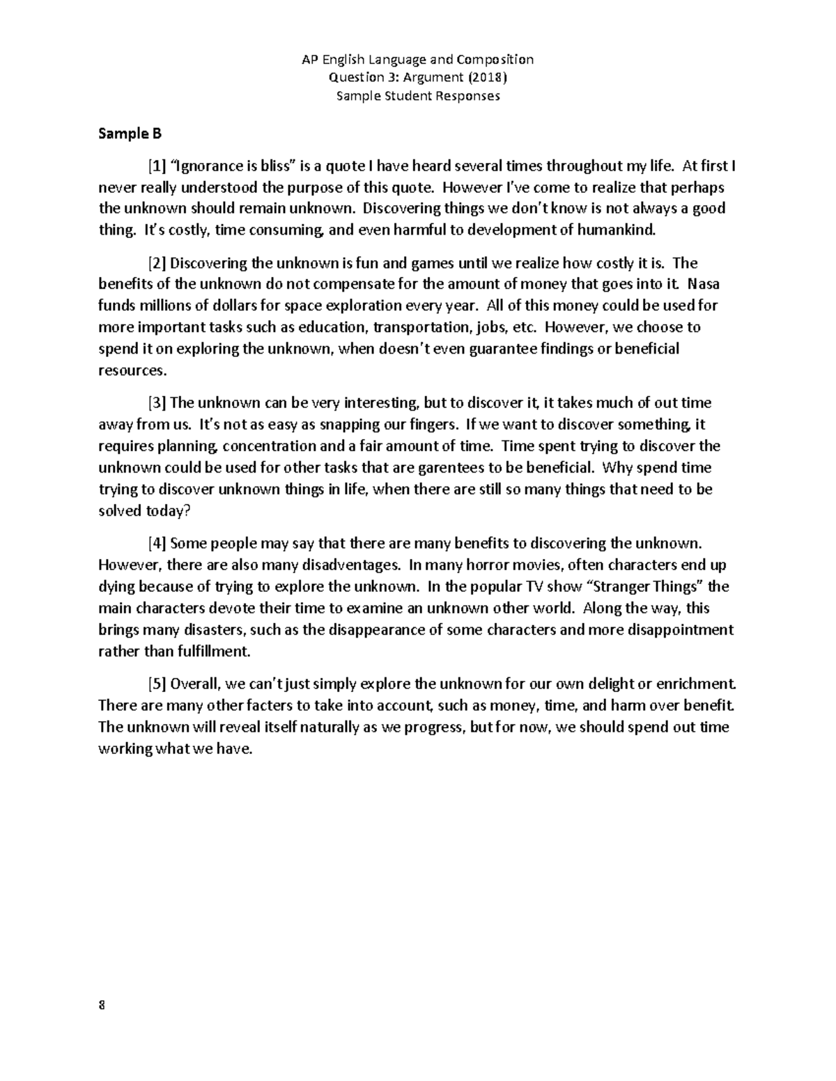 AP English Language and Composition 2018 FRQ 3 Sample B Response - Studocu