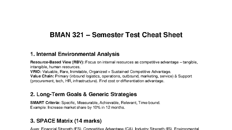 BMAN 321 Semester Test Cheat Sheet: Internal Analysis & Strategies ...