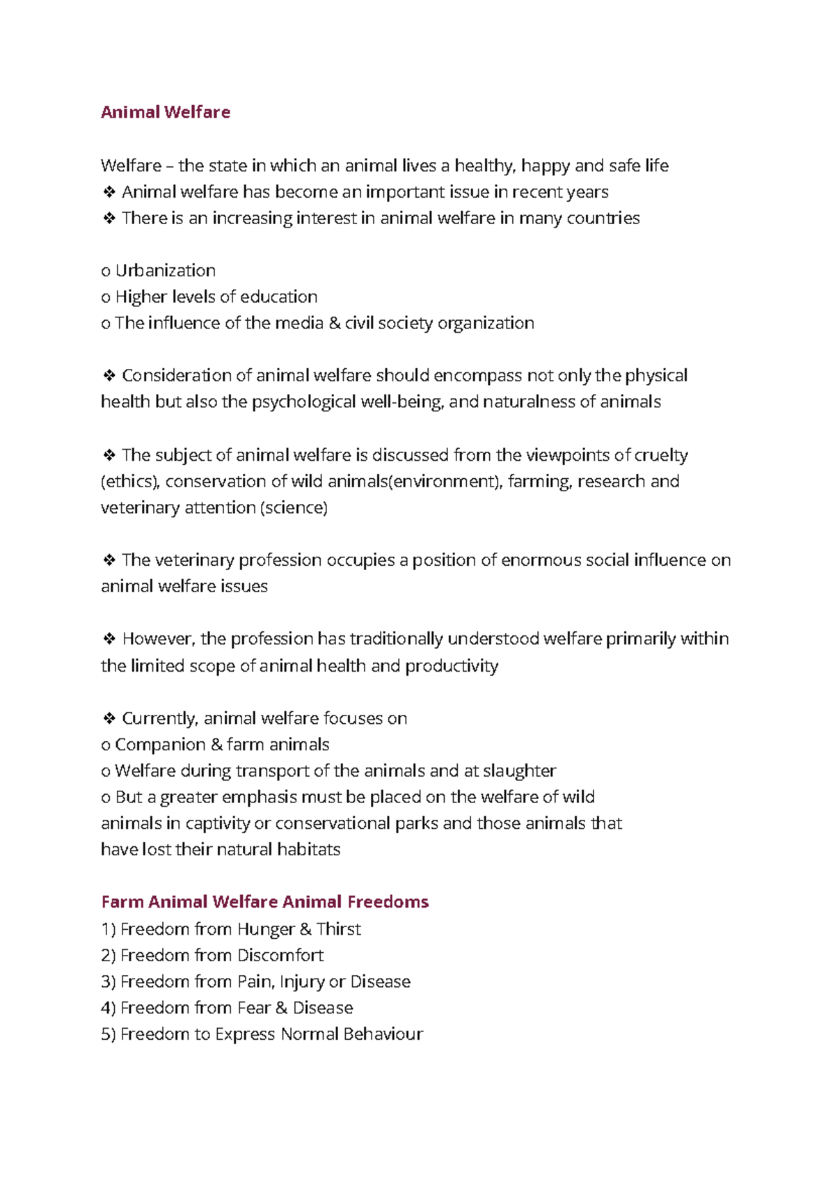 Animal Welfare - BIOL lecture notes 2020 - Animal Welfare Welfare – the ...