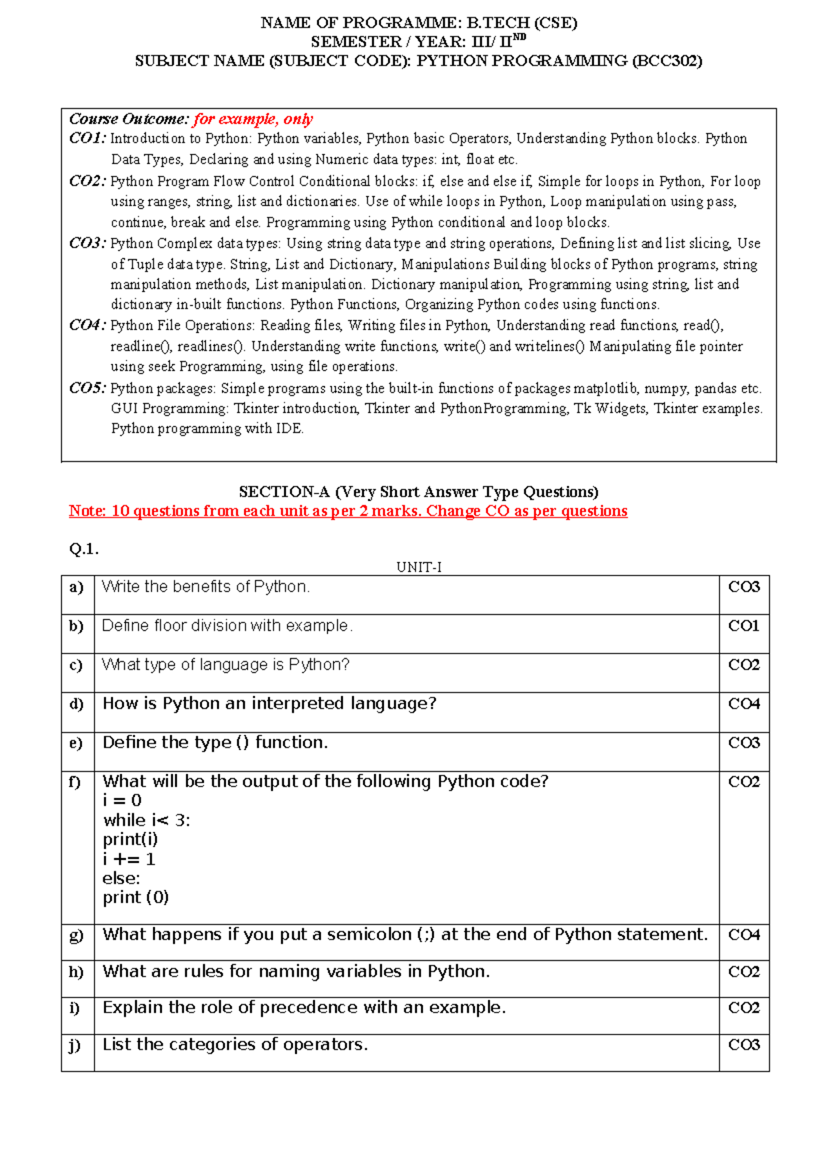 Python Programming Question Bank for BCC302 Semester III - Studocu