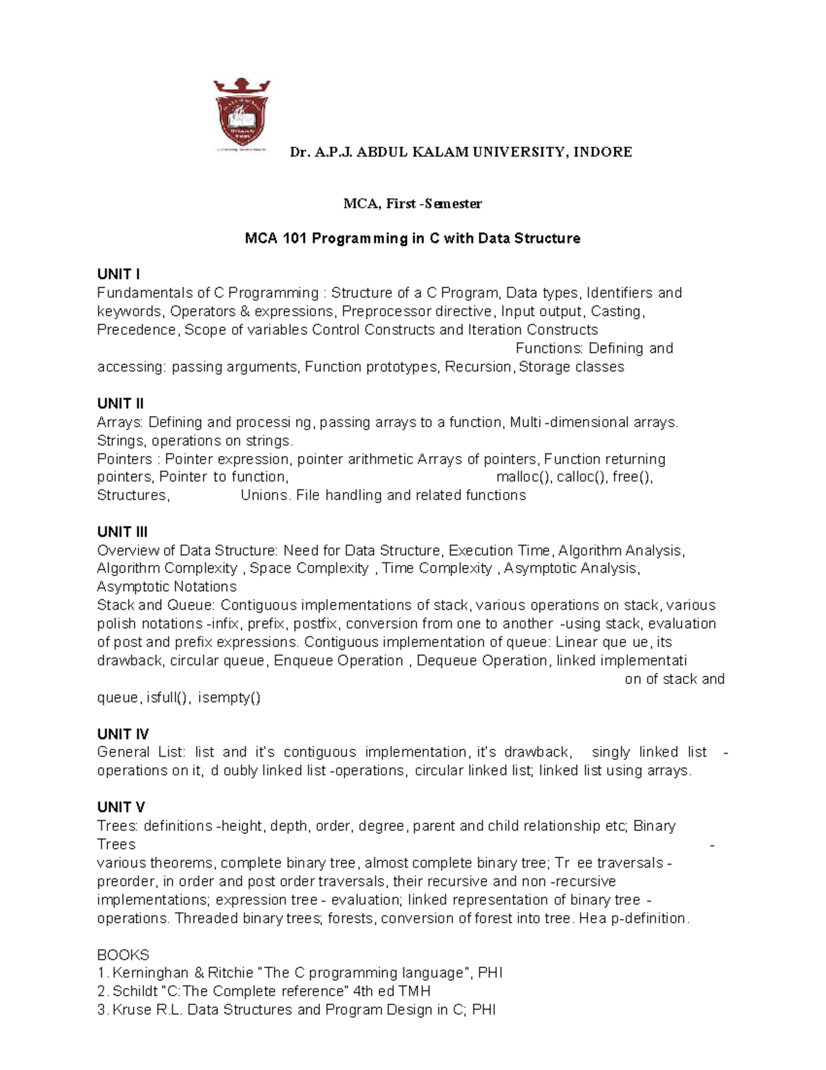 MCA 101 & 102 Syllabus: Programming in C, Data Structures & Statistical ...