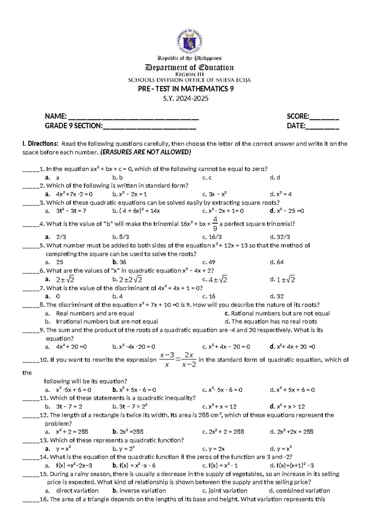 Pre-Test in Mathematics 9 - S.Y. Grade 9 Exam Questions - Studocu
