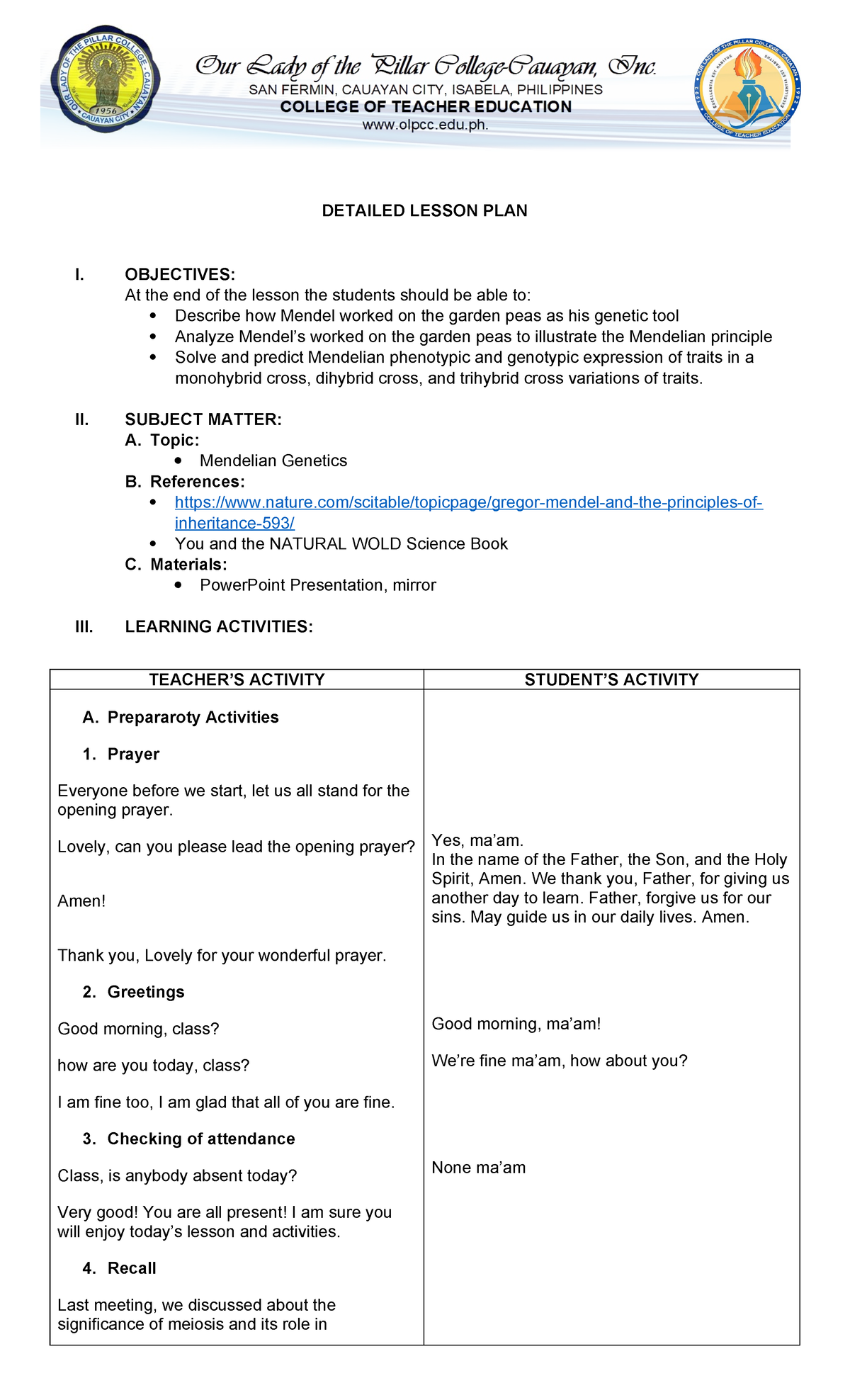 Detailed Lesson Plan on Mendelian Genetics (BSED) - Studocu