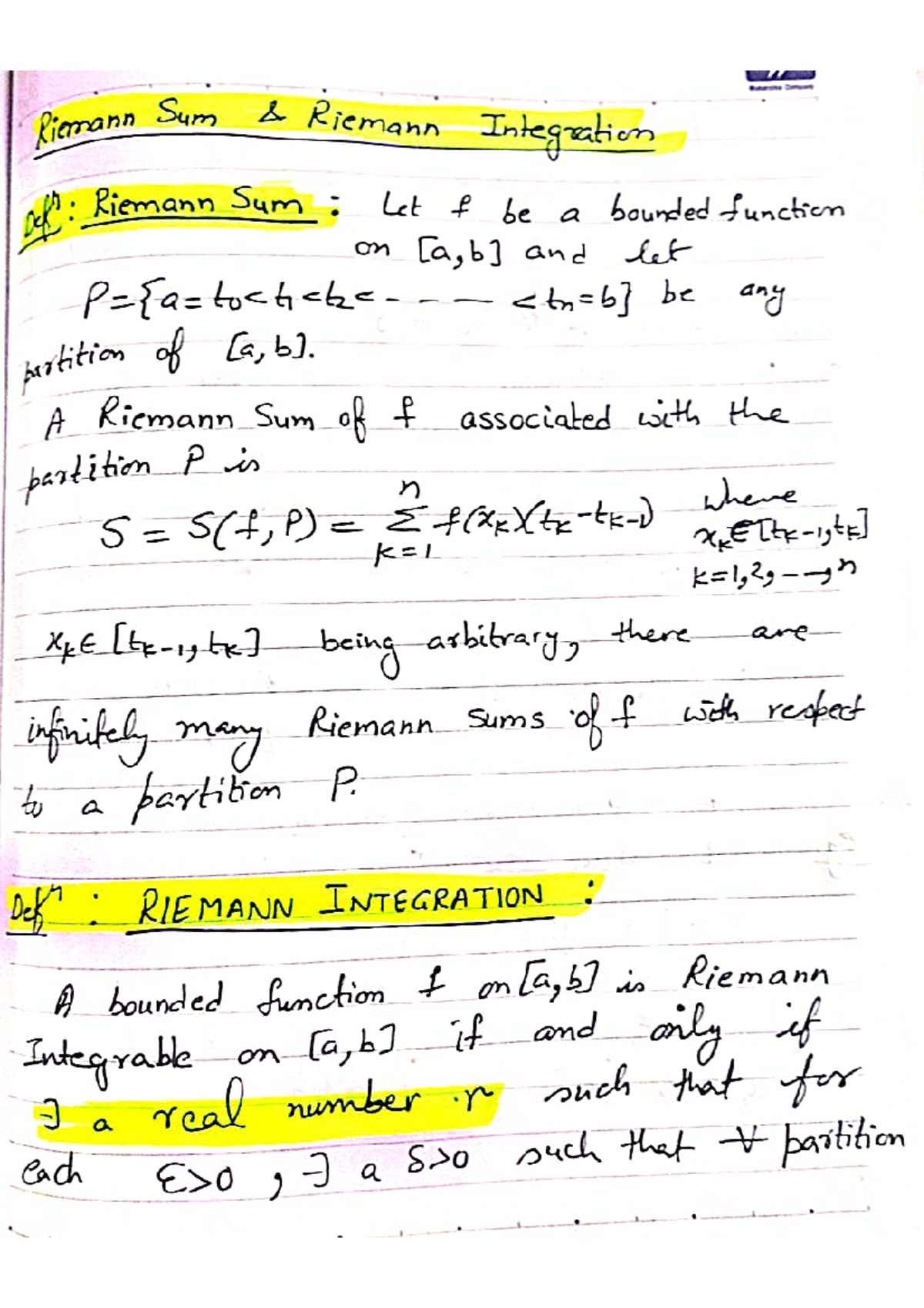 Riemann Sum and Integration Notes for Math 101 - Studocu