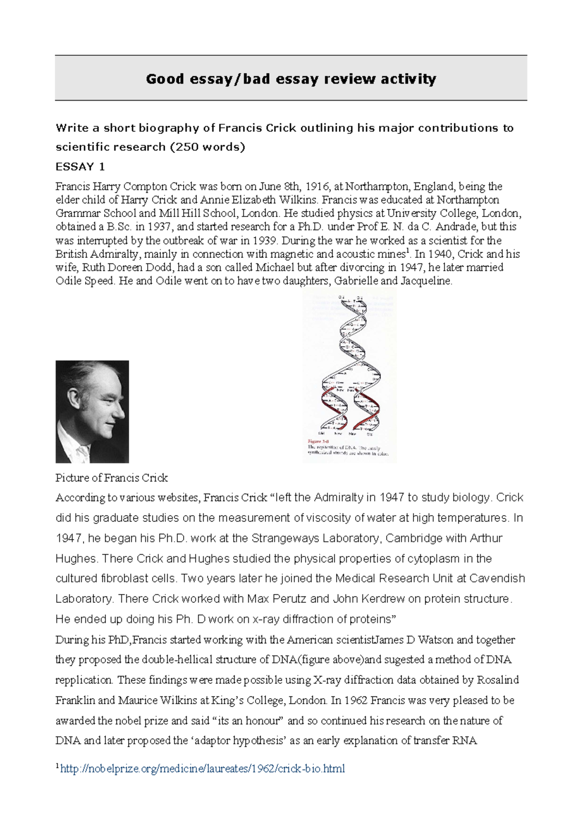 Yr1 Bad Essay Review Exercise student - Good essay/bad essay review activity Write a short ...