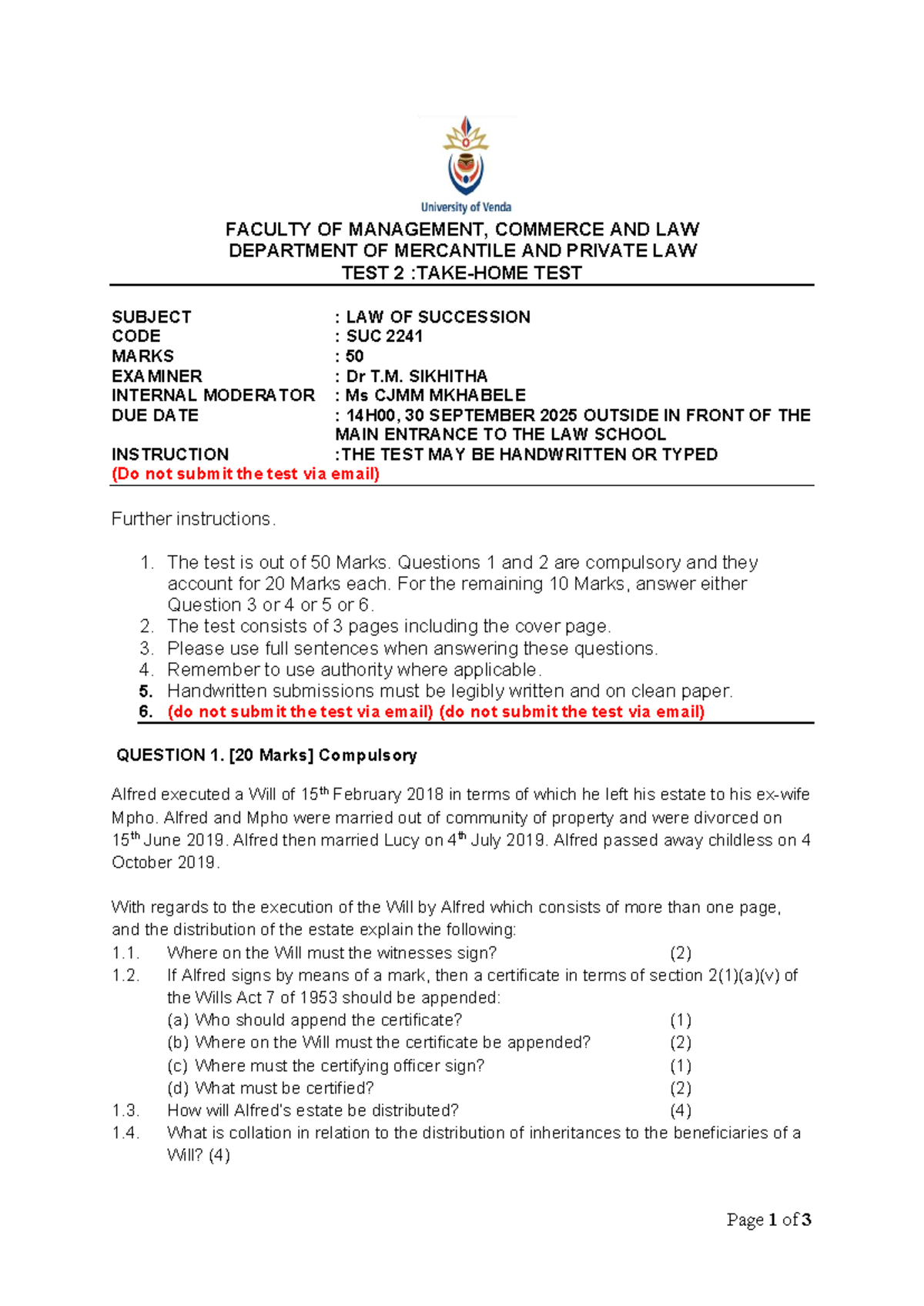 Succession Law Test 2 - SUC 2241 - September 30, 2025 - Studocu