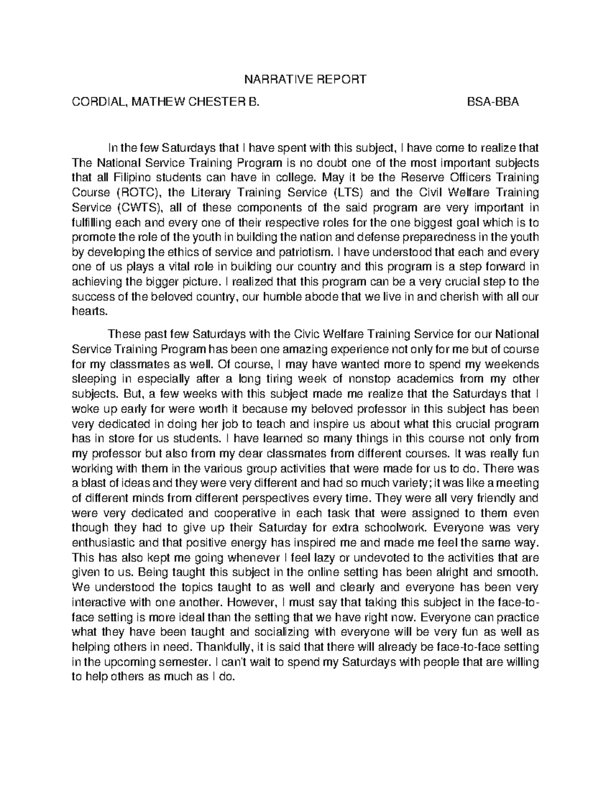 Narrative Report on NSTP Participation - BSA-BBA Final Reflection - Studocu