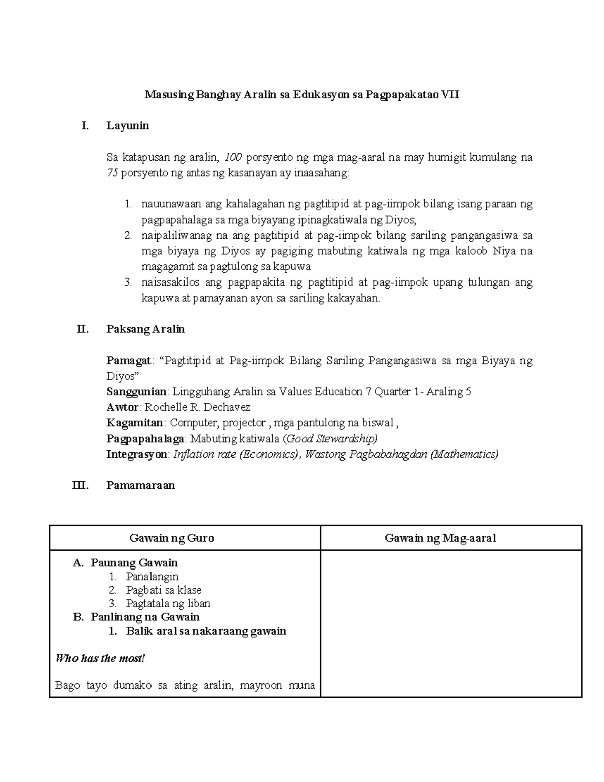 Lesson Plan on Pagtitipid at Pag-iimpok - ESP 7 - FCF - Studocu