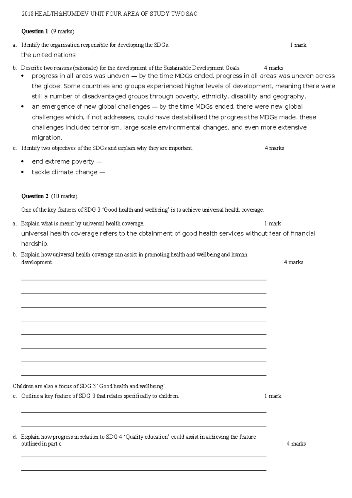 2018 UNIT FOUR AREA OF STUDY TWO SAC Practice Questions and Answers ...