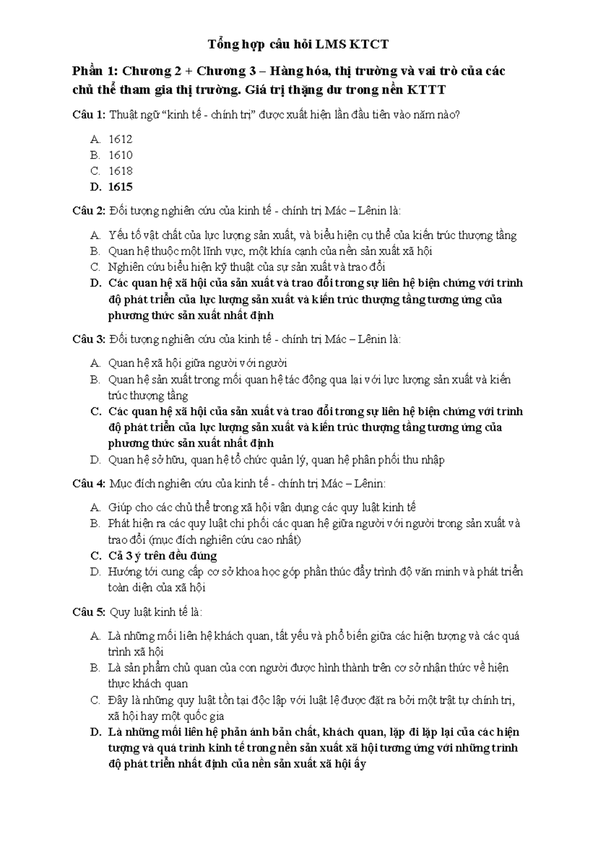 Tổng hợp câu hỏi thắc mắc KTCT: Chương 2, 3, 4, 5, 6 - Studocu