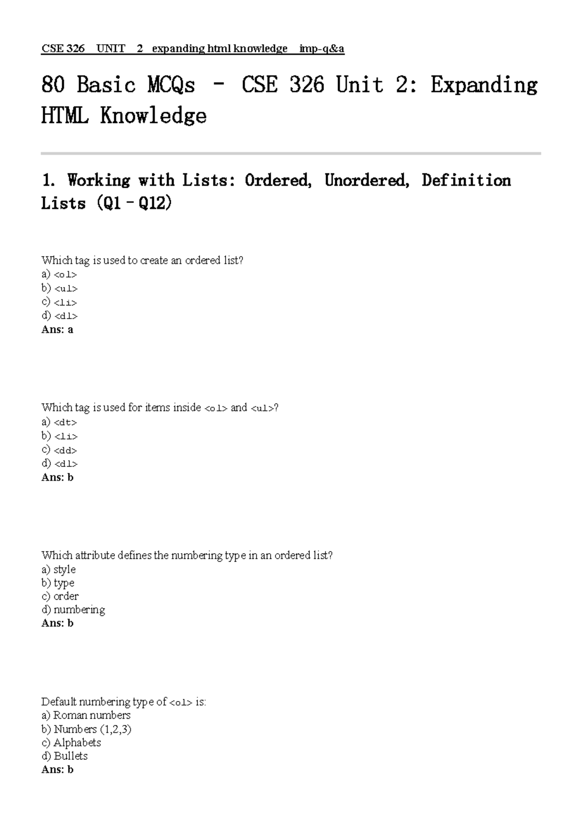 CSE 326 Unit 2: Basic MCQs on Expanding HTML Knowledge - Studocu