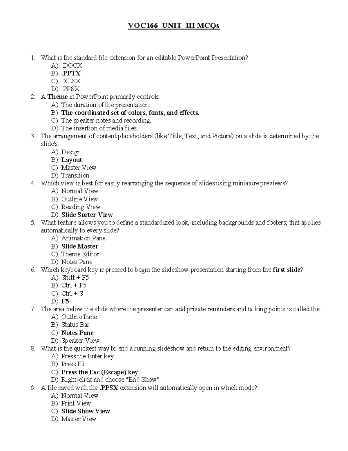 VOC166 UNIT3 - Computer Science MCQs on PowerPoint and Excel - Studocu