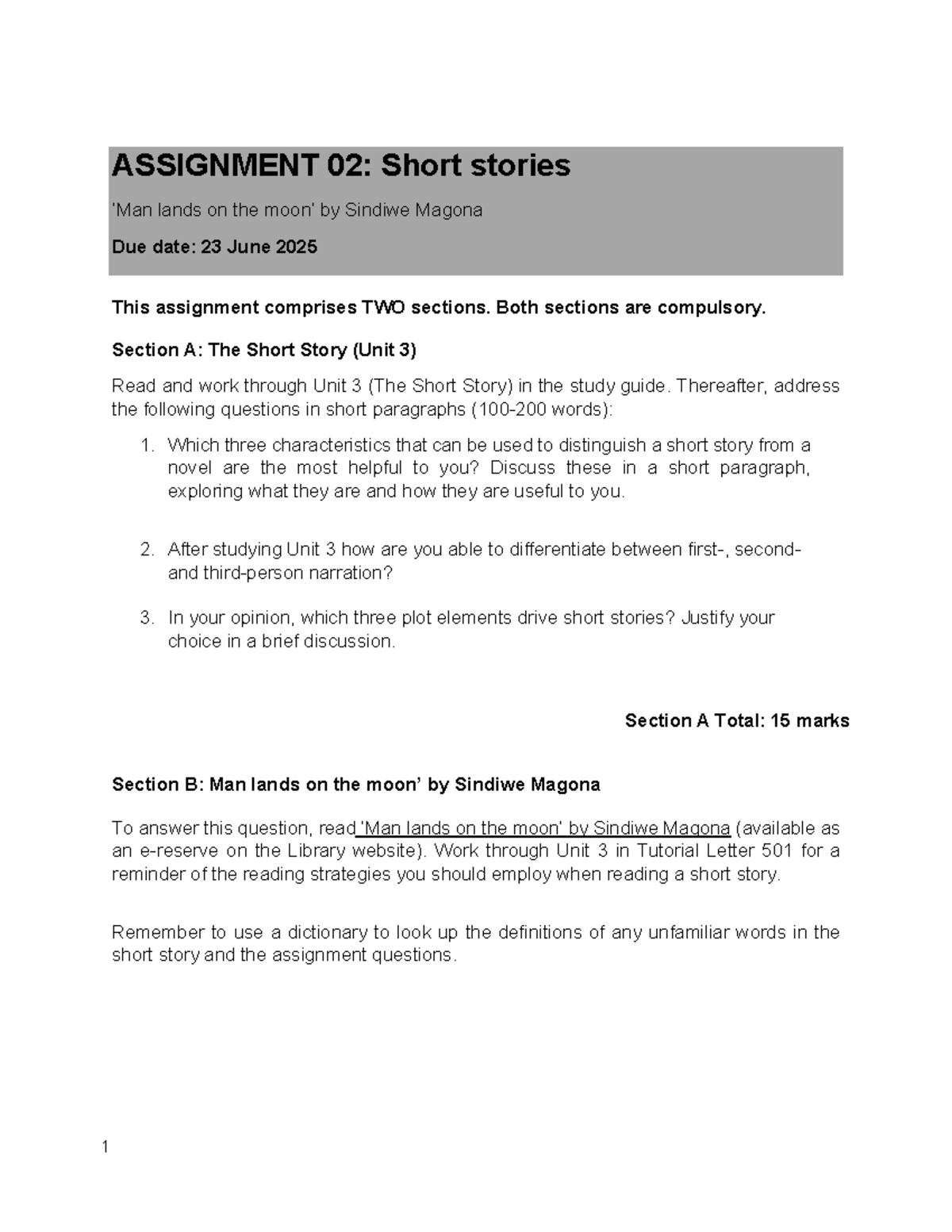 ENG1501 Assignment 02: Analyzing Short Stories by Sindiwe Magona - Studocu
