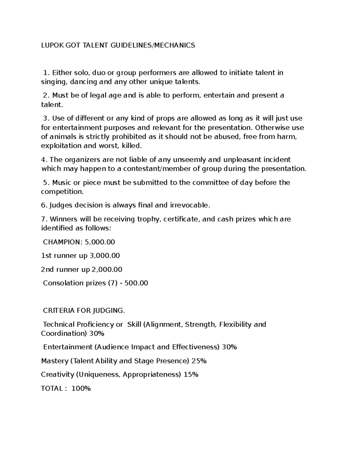 LUPOK GOT TALENT Judging Criteria & Guidelines for Performers - Studocu
