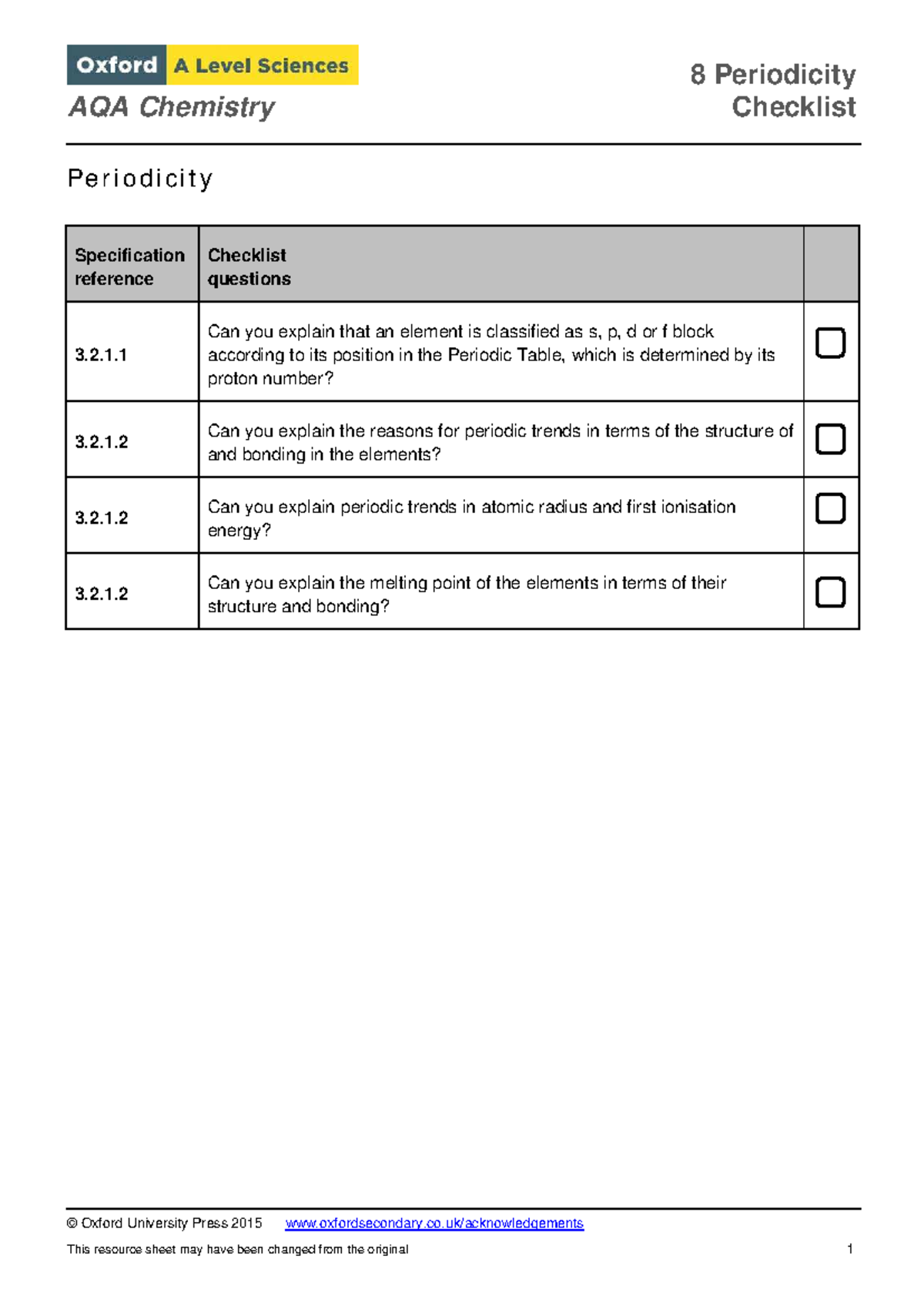 AQA Chemistry 8 Periodicity Checklist: Key Concepts and Trends - Studocu