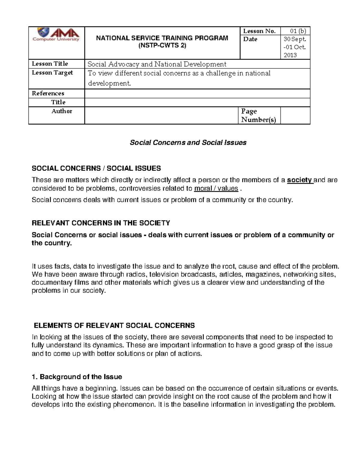 Week 1 - Social Advocacy and National Development 2 - NATIONAL SERVICE ...