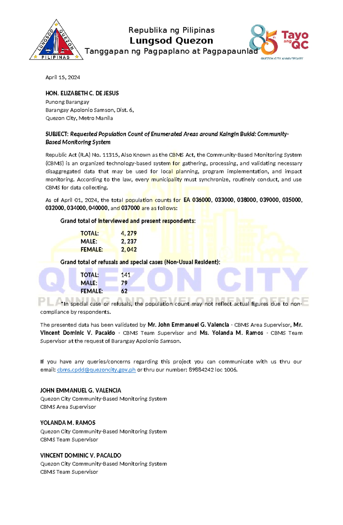 Population Count Report for Barangay Apolonio Samson Kaingin 2024 - Studocu
