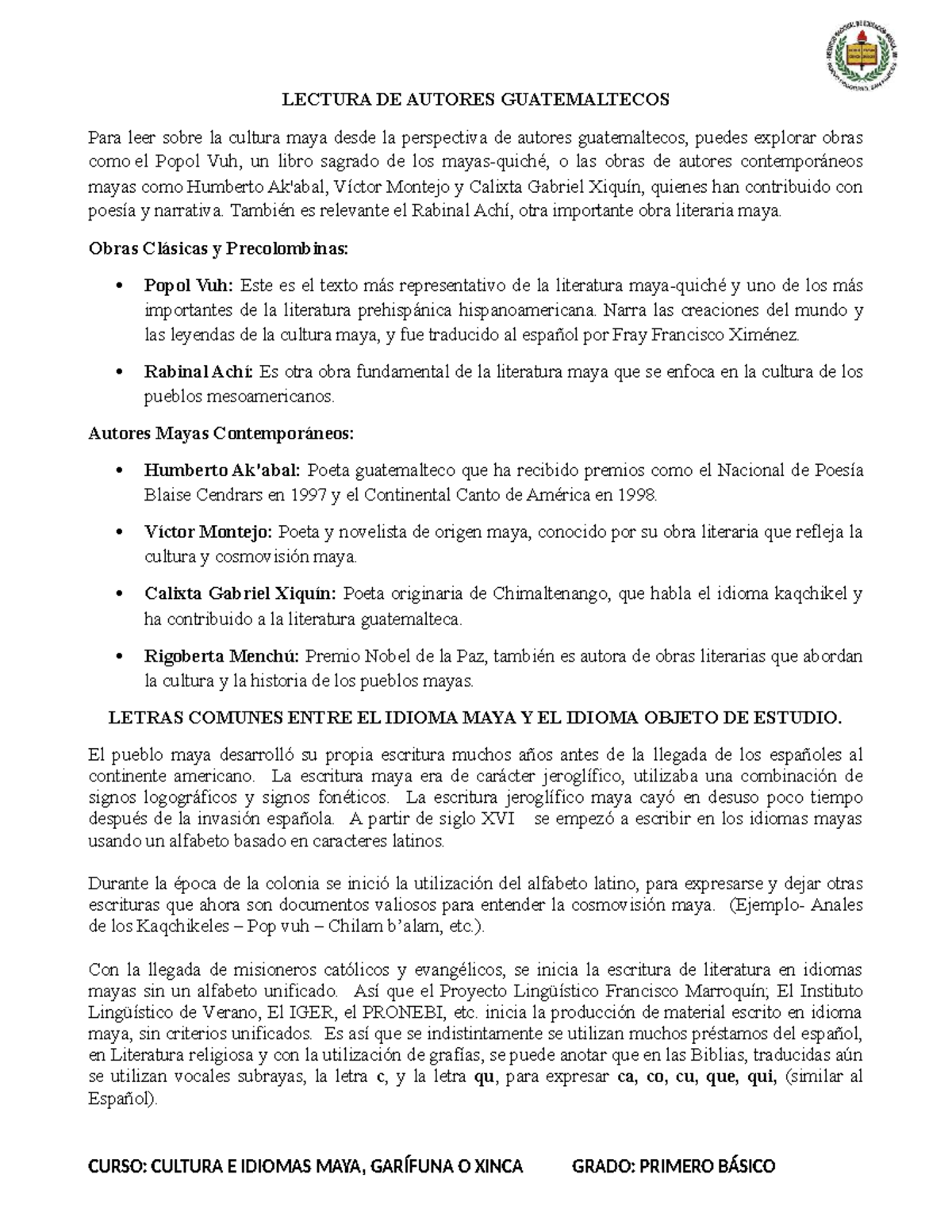 Folleto de Lectura sobre Cultura Maya y Autores Guatemaltecos - MAM - Studocu