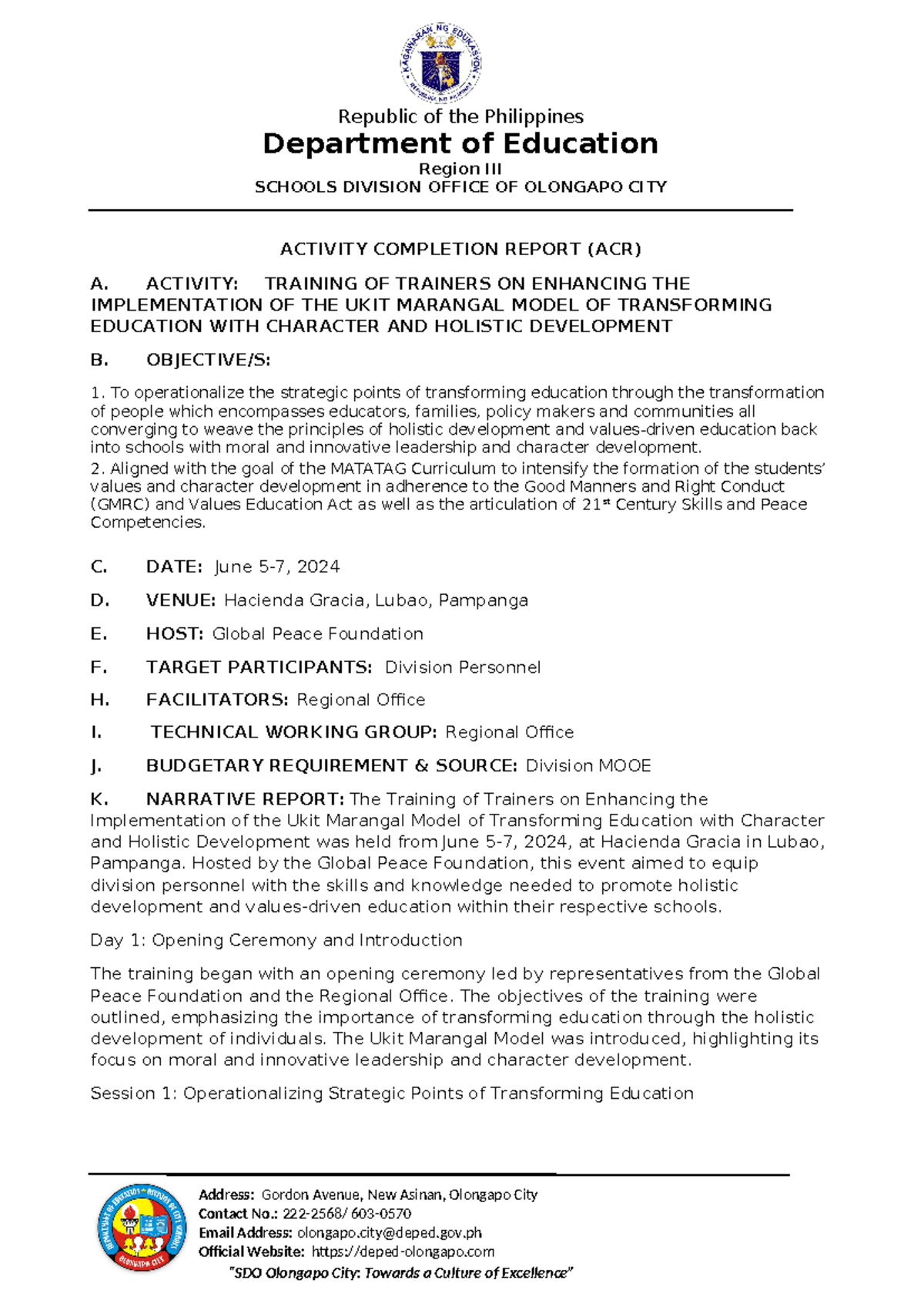 ACR-UKIT Marangal Training Completion Report: June 5-7, 2024 - Studocu