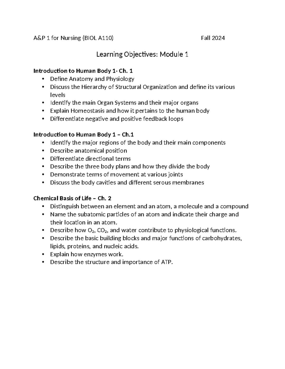A&P 1 for Nursing (BIOL A110) Fall 2024 - Module 1 Learning Objectives ...