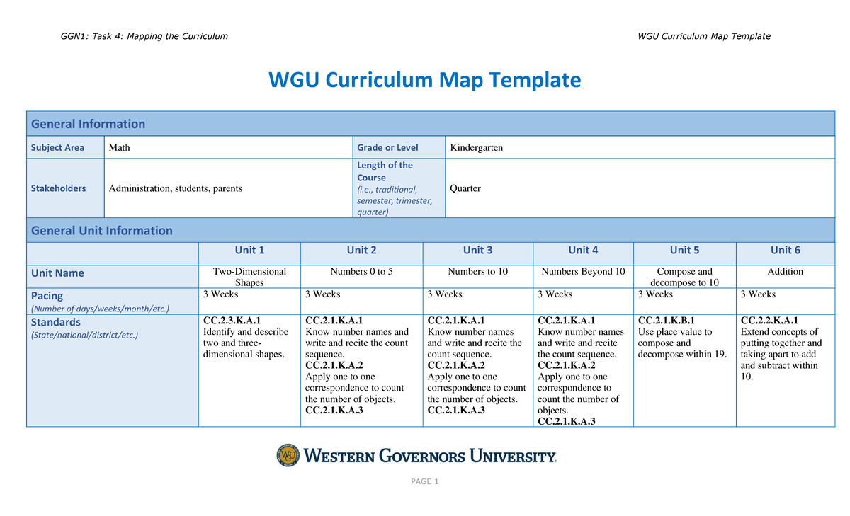 WGU Curriculum Map for Kindergarten Math - GGN1 Task 4 - Studocu