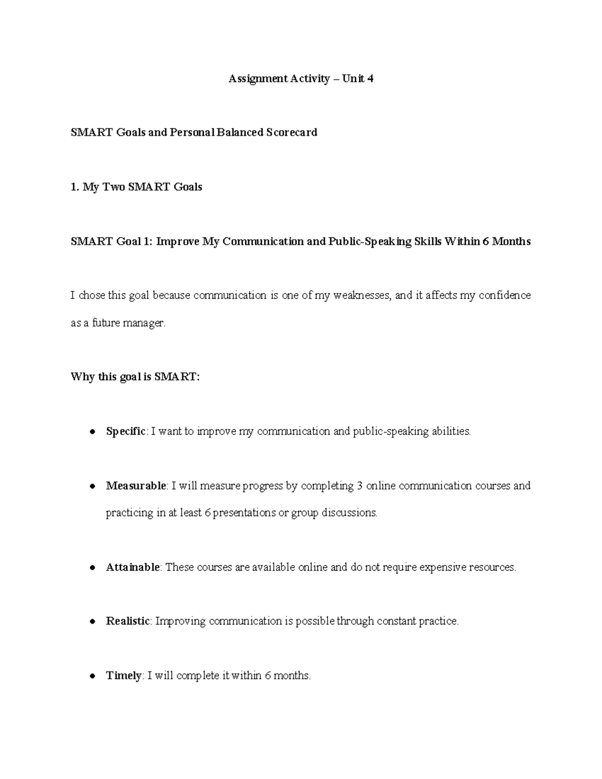 Unit 4 Assignment: SMART Goals & Personal Balanced Scorecard - Studocu