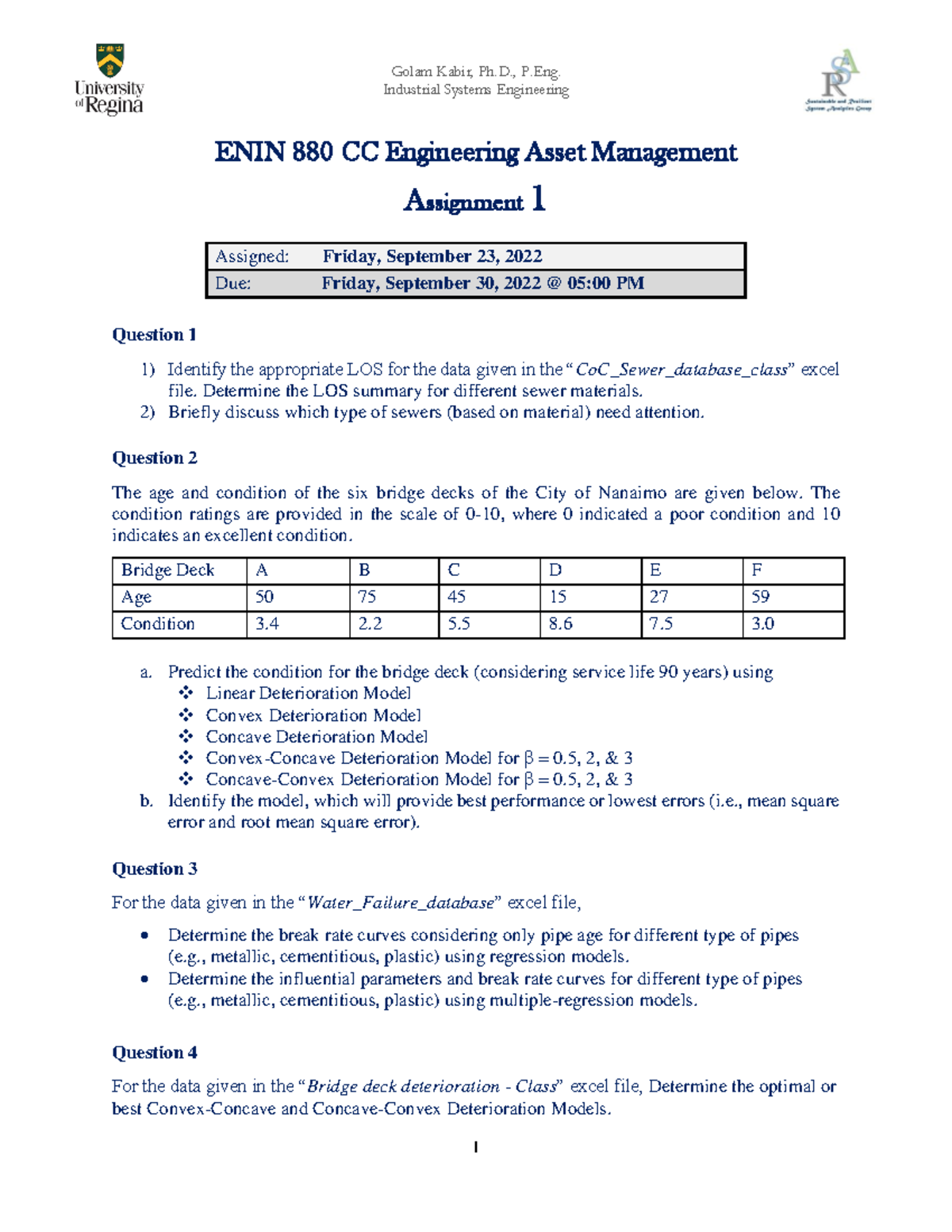 Assignment 1: ENIN 880CC - Engineering Asset Management F22 - Studocu