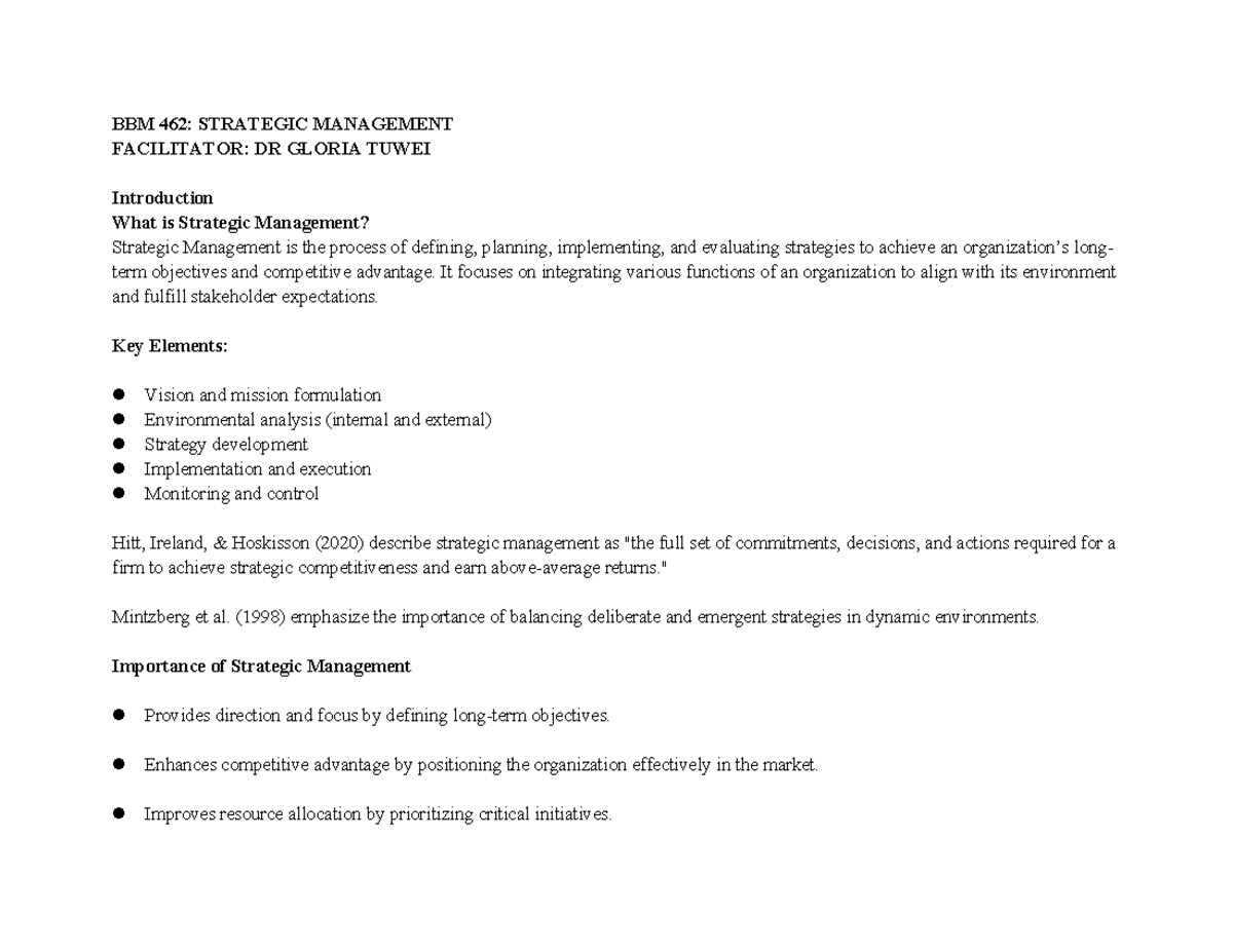 BBM 462: Comprehensive Overview of Strategic Management Concepts - Studocu