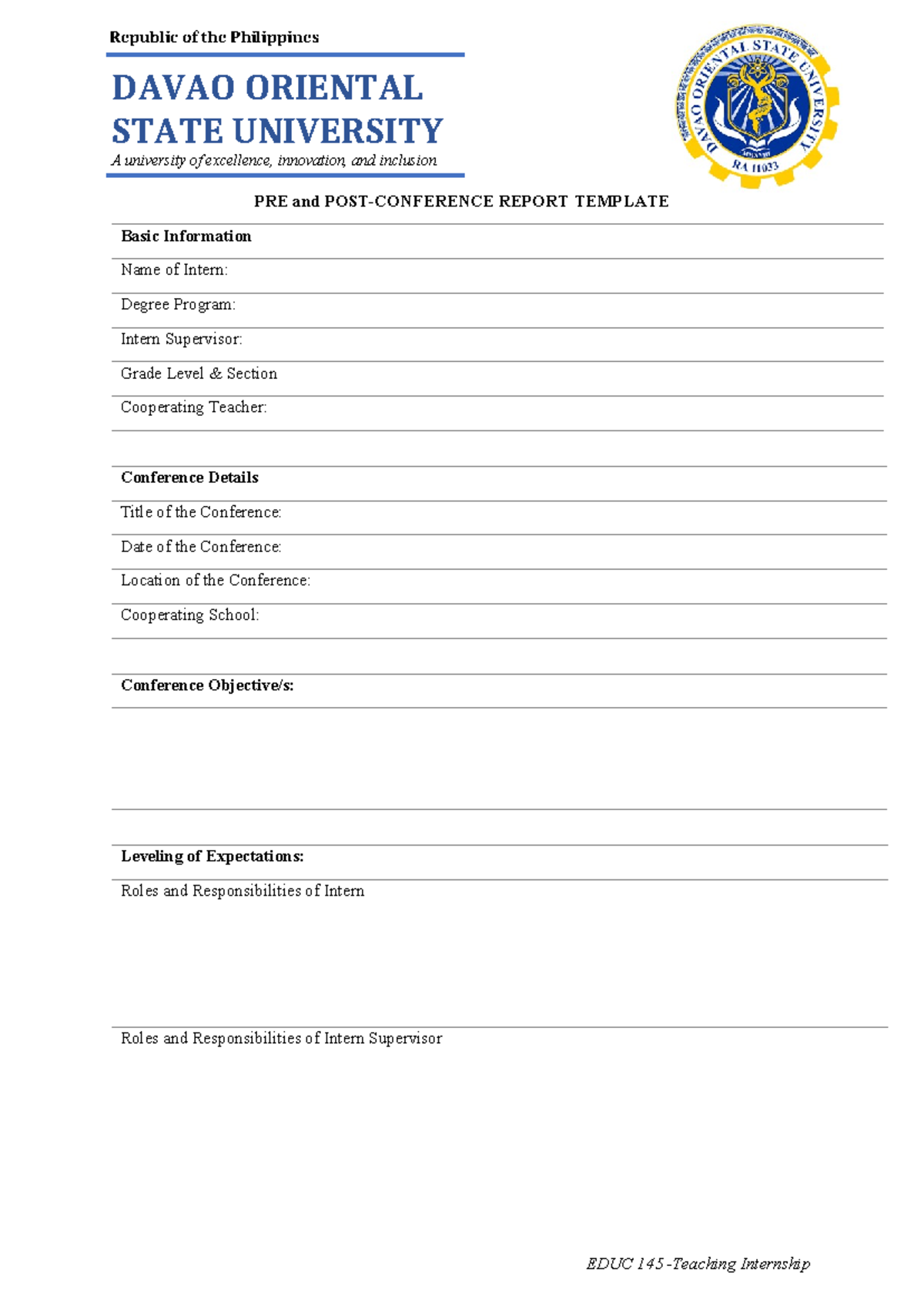 EDUC 145 - Pre and Post-Conference Report Template for Interns - Studocu
