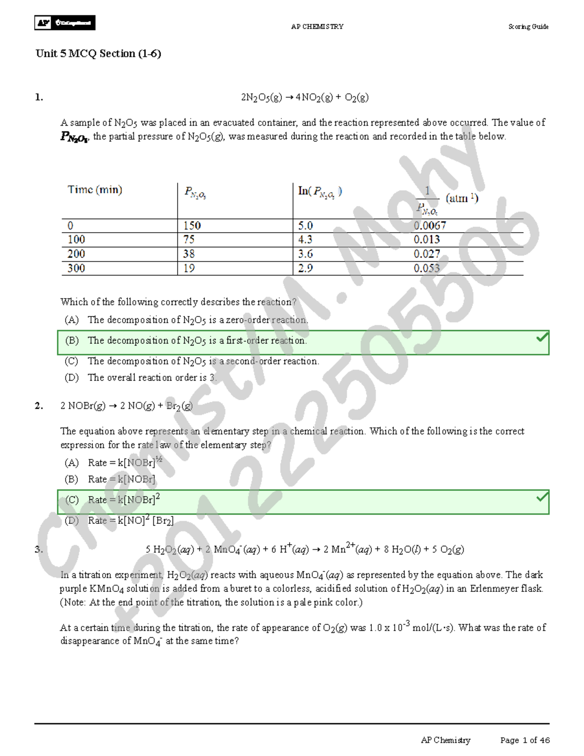 AP CHEMISTRY Unit 5 MCQ Scoring Guide and Practice Questions - Studocu
