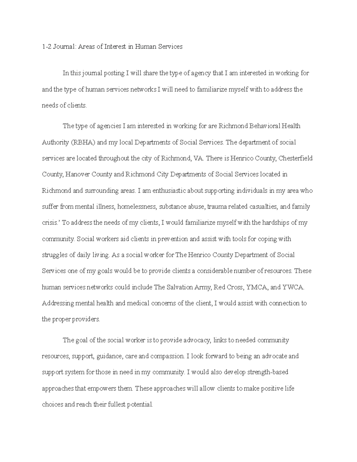 1-2 Journal Areas of Interest in Human Services - The type of agencies ...