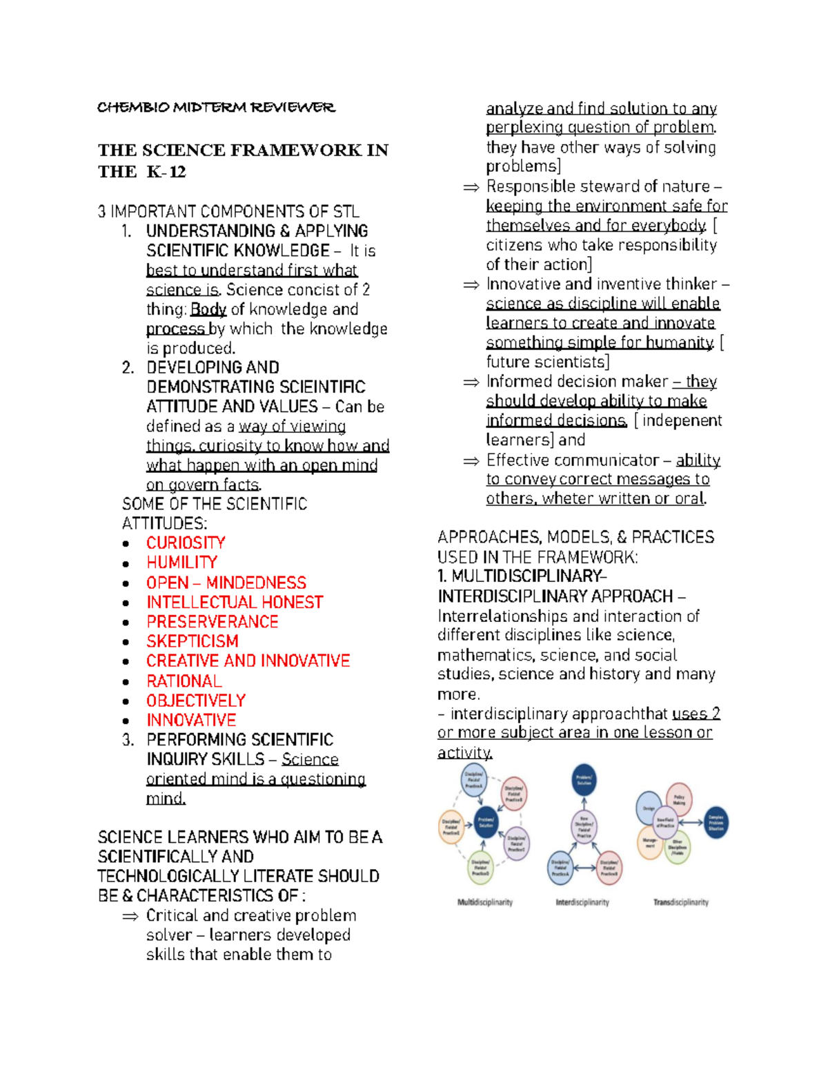 CHEMBIO MIDTERM REVIEWER: SCIENCE FRAMEWORK & INQUIRY SKILLS - Studocu