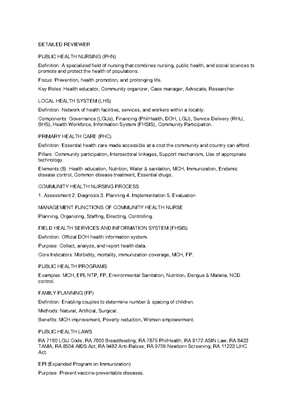 Public Health Nursing (PHN) Comprehensive Reviewer Guide - Studocu