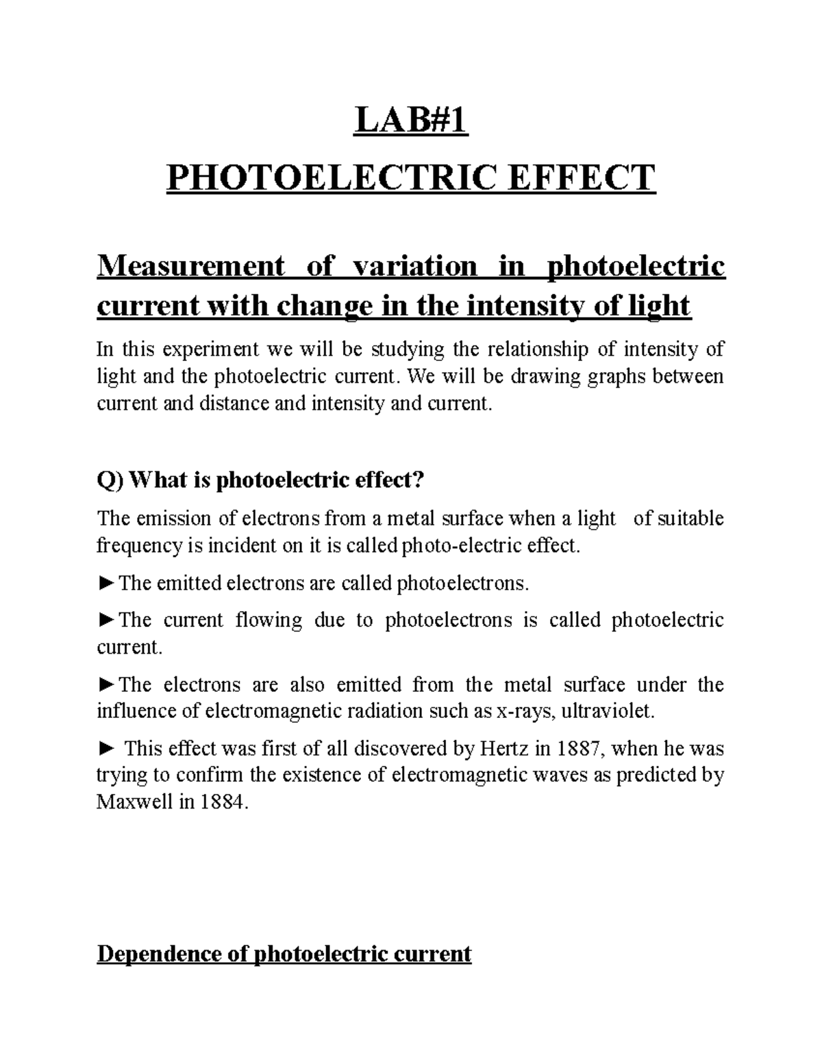 Lab Report - YES: Investigating Photoelectric Effect & Current ...