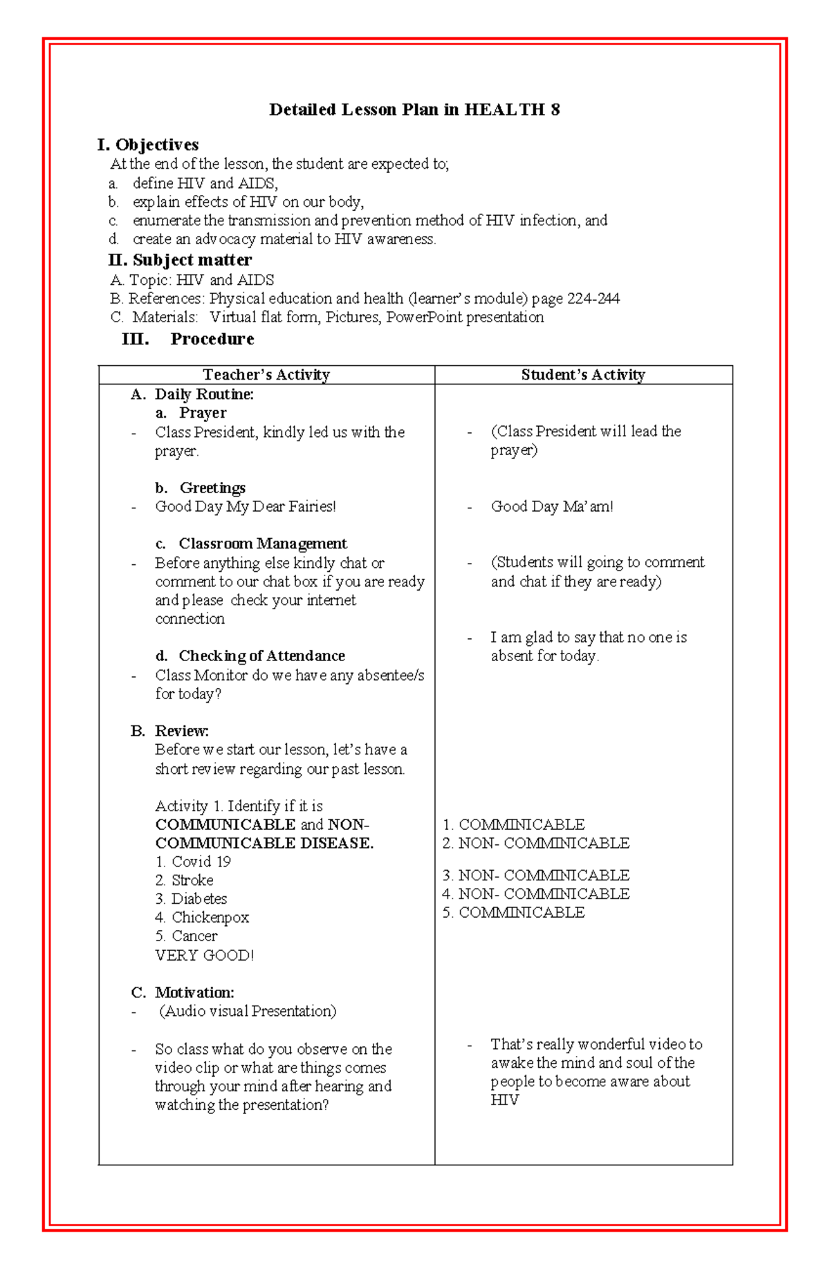 HIV and AIDS Lesson Plan for HEALTH 8: Objectives and Activities - Studocu