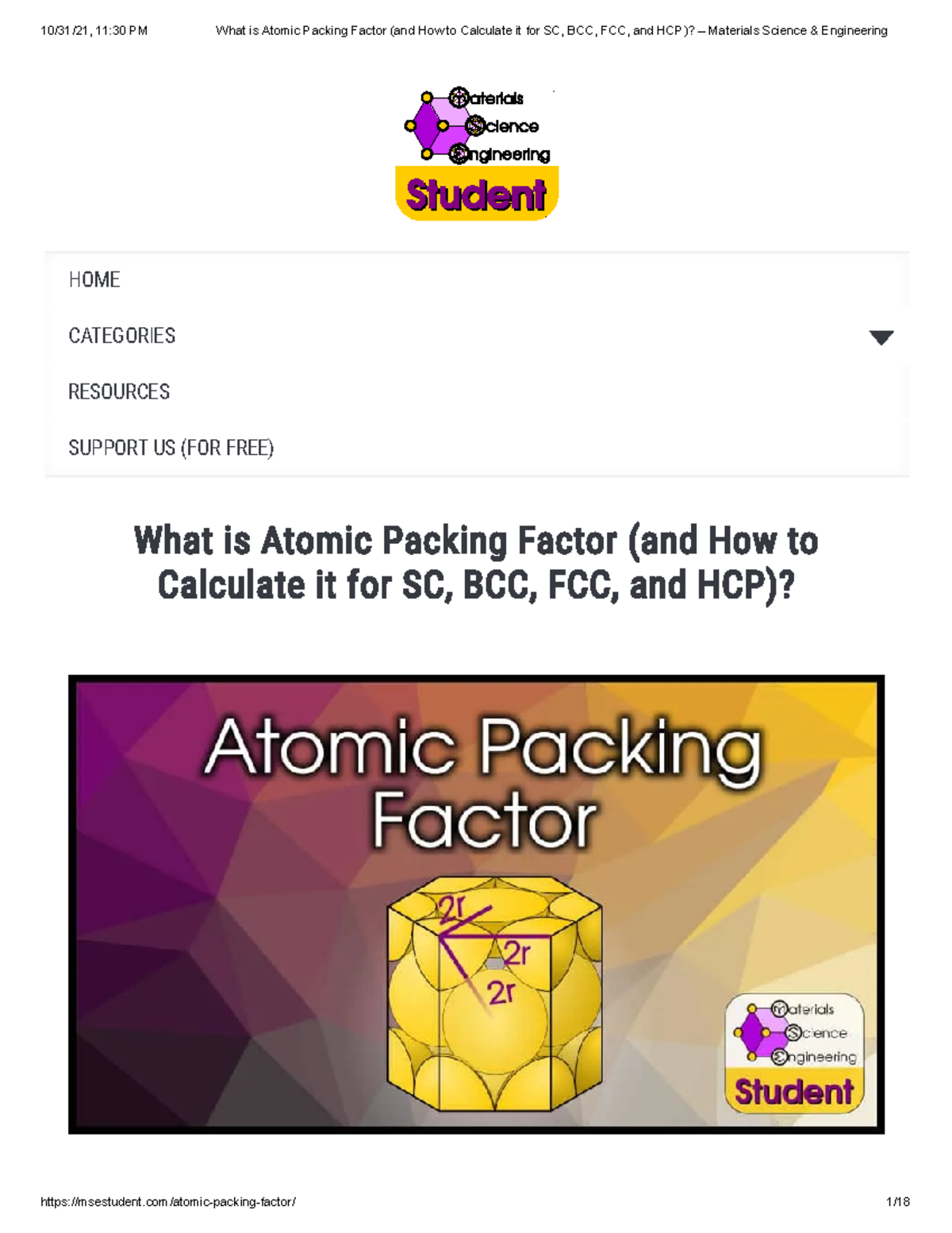 Atomic Packing Factor: Calculation for SC, BCC, FCC & HCP - Studocu