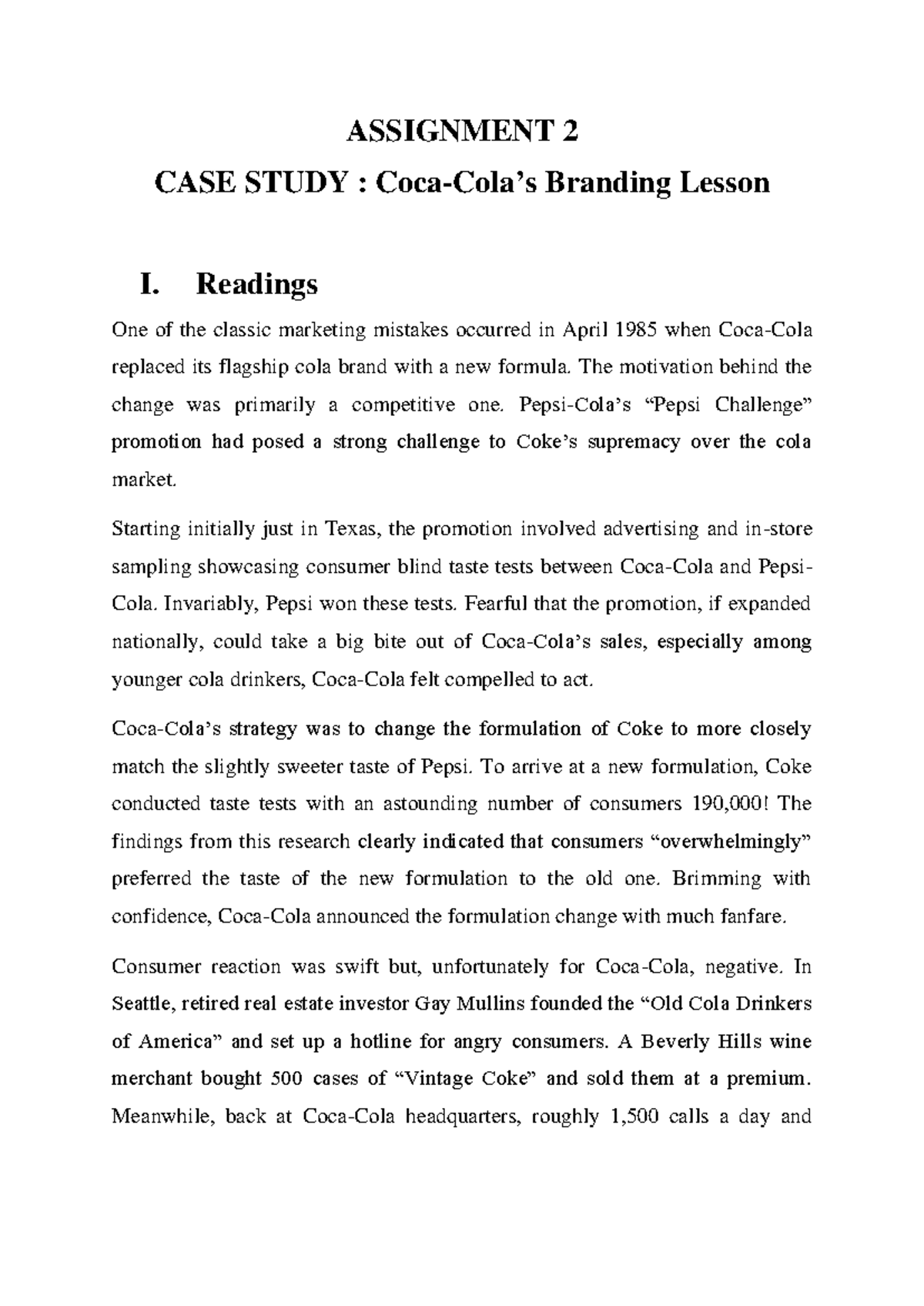 Assignment 2 Deadline 13H 17-2 - ASSIGNMENT 2 CASE STUDY : Coca-Cola’s ...