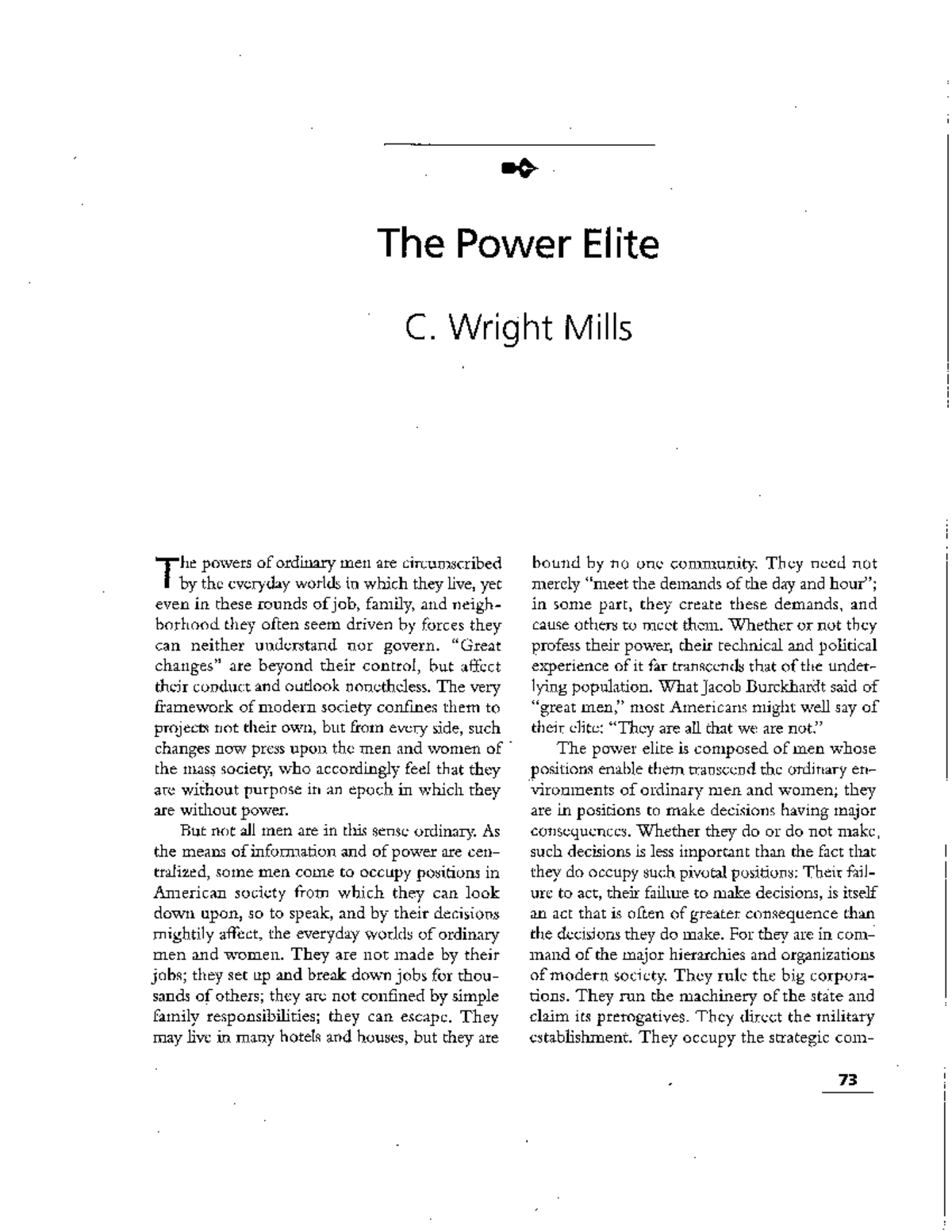The Power Elite detailed summary - The Power Elite C. Wright Mills T he ...