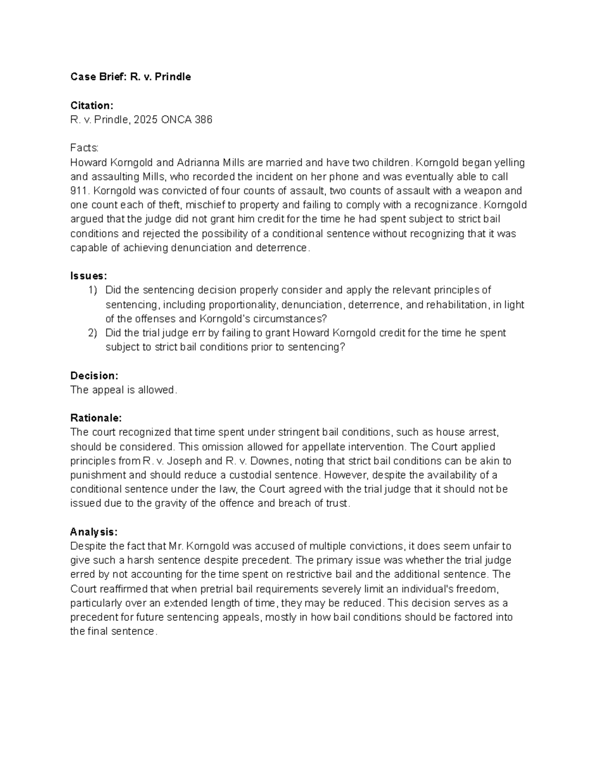 Case Brief: R. v. Prindle (2025 ONCA 386) - Sentencing Analysis - Studocu