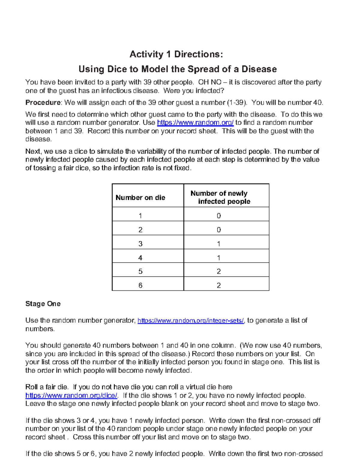 Activity 1 Using Dice to Model the Spread of Disease Student Directions-1 - Activity 1 ...