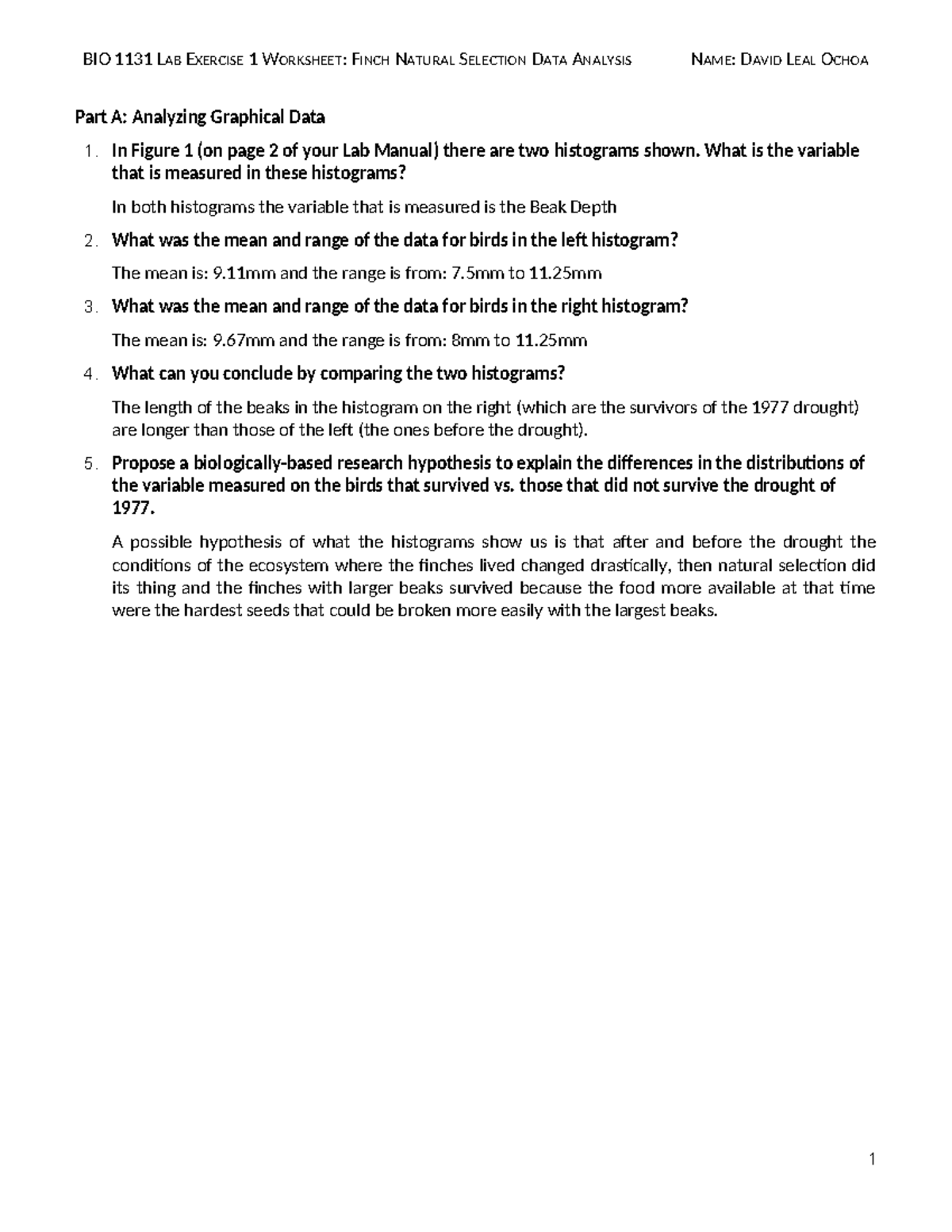 Lab 1 - Finch Evolution Analysis & Data Interpretation Worksheet - Studocu