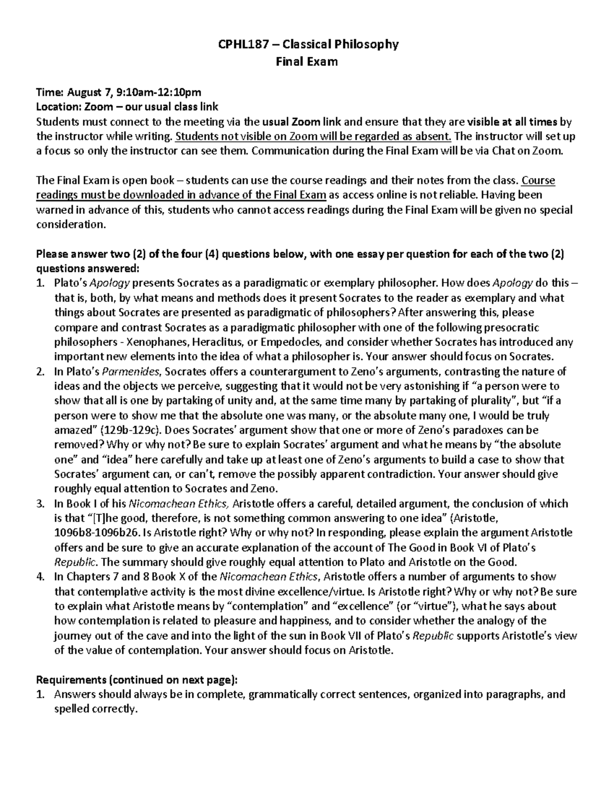 CPHL187 Classical Philosophy Final Exam Notes - August 7 - Studocu