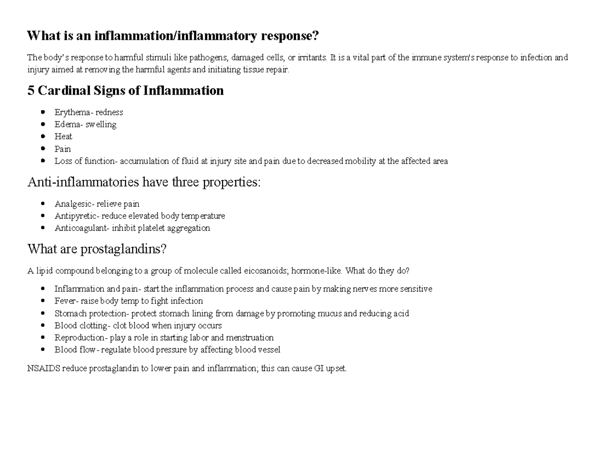 Pain and Infection: Understanding Inflammation and Medications - Studocu