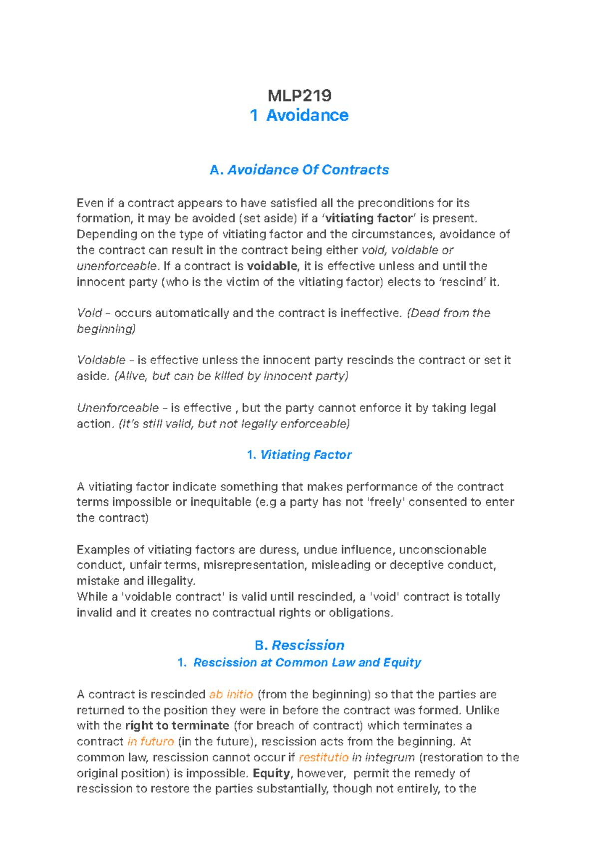 MLP219 Final Exam Notes: Avoidance of Contracts and Rescission - Studocu