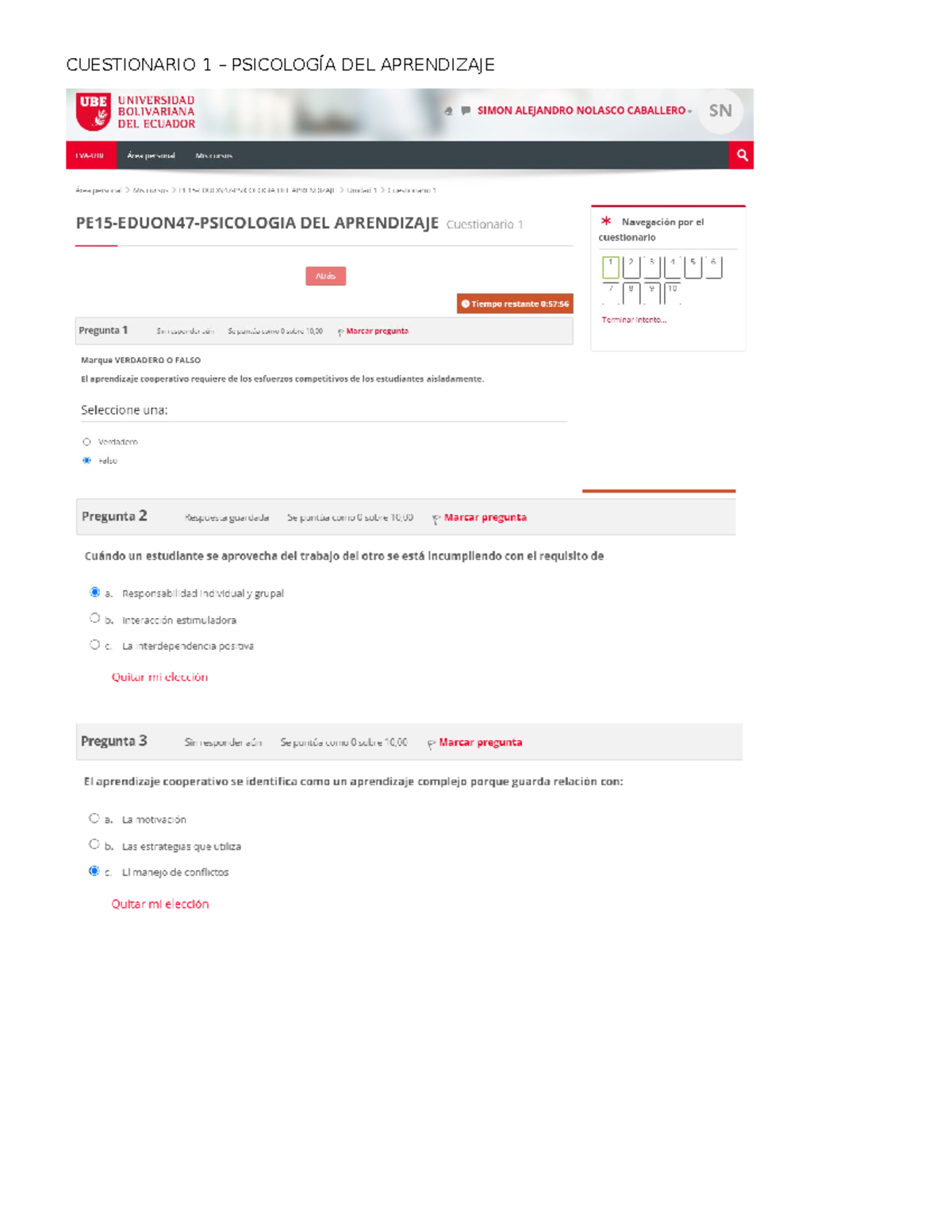 Cuestionario 1 - Psicología del Aprendizaje UBE - Studocu