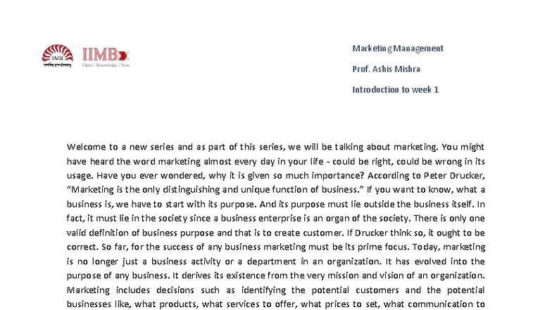 BBA 101: Marketing Management Week 1 Introduction and Fundamentals ...