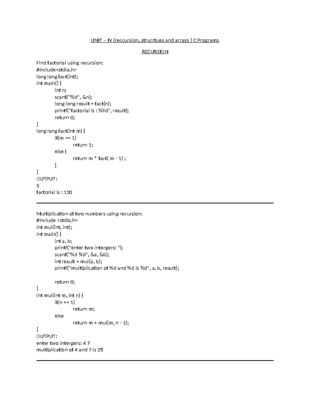 UNIT IV: C Programs on Recursion, Structures, and Arrays - Studocu