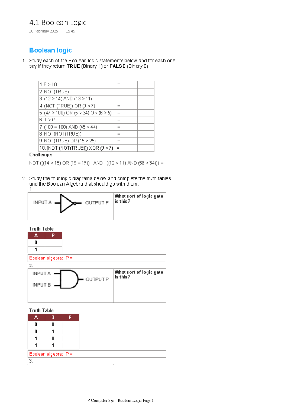 4.1 Boolean logic exercises and truth tables for computer systems - Studocu